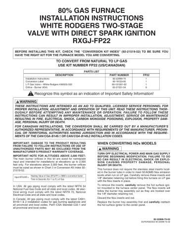 Rheem FP-22 Propane Conversion Kit for 80% AFUE 2-Stage Gas Furnaces ...