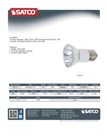 Satco S3113 75W Dimmable Halogen Light Bulb Specification | Manualzz