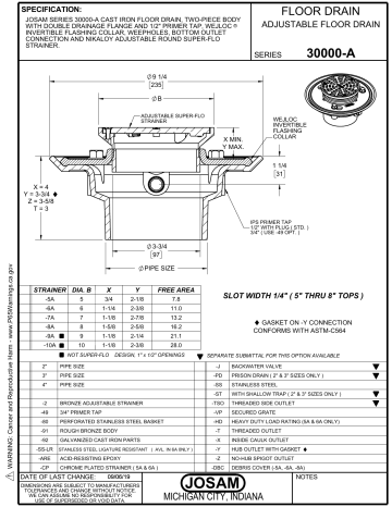 Josam 30003-6A-Z 3 in. No-Hub Floor Drain Specification | Manualzz