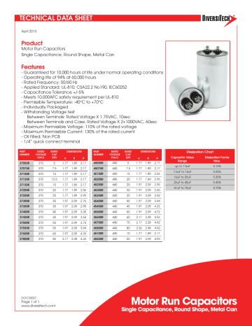 Diversitech 45200R 20 mfd 440V Run Capacitor Specification | Manualzz