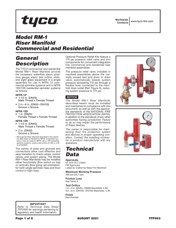 TYCO 40601 Model RM-1 2 in. Grooved Riser Manifold Specification | Manualzz
