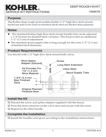 KOHLER 1071648 1/2 in. Deep Rough-In Kit Installation Manual | Manualzz