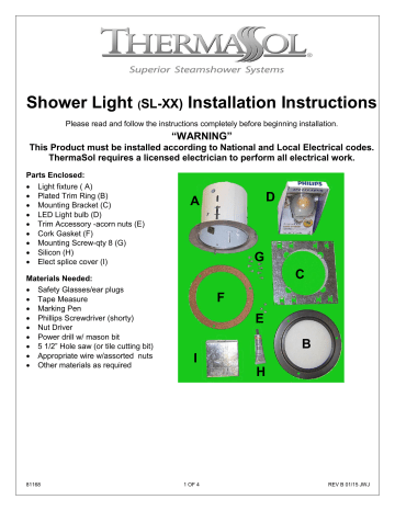 Thermasol SL-SN Light Kit Installation manual | Manualzz