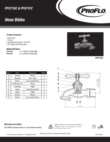 PROFLO PFX71DC 1/2 in. Brass IPS Hose Bibb Specification | Manualzz