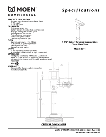Moen 8311 M-POWER™ 1.28 gpf Sensor Flush Valve Specification | Manualzz