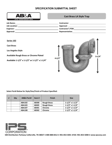 AB & A™ 68300 1-1/2 in. Cast Brass P-Trap Specification | Manualzz