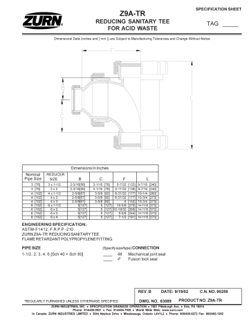 Zurn Corrosive Waste Drainage Z9A-TR-4X3 3 x 3 x 2 in. Flame Retardant ...