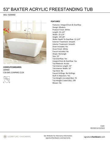 Signature Hardware 480871 Baxter *CVR* 53 ACRYLIC FS TUB Specification ...