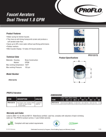 ProFlo PFX113173 Dual Threaded Aerator Specification | Manualzz