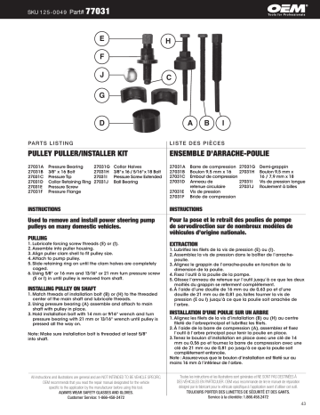 OEM Tools OEMTOOLS Pulley Puller & Installer Kit Owner Manual | Manualzz