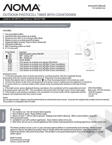 NOMA Outdoor Photocell Timer Owner Manual | Manualzz