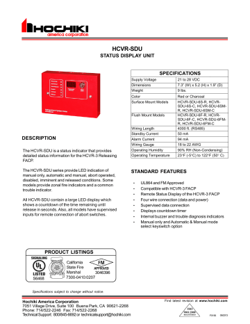 Hochiki HCVR-SDU Status Display Unit Data Sheet | Manualzz