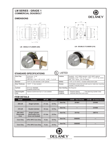 Delaney LM Series Deadbolt Technical Specifications | Manualzz