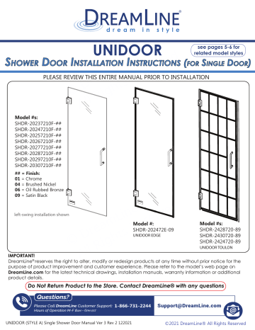 DreamLine SHDR-202472E-09 Shower Door Installation Manual | Manualzz