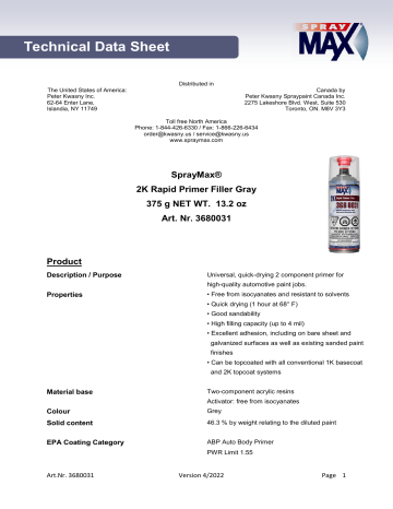 SprayMax 2K Rapid Primer Filler Technical information sheet | Manualzz
