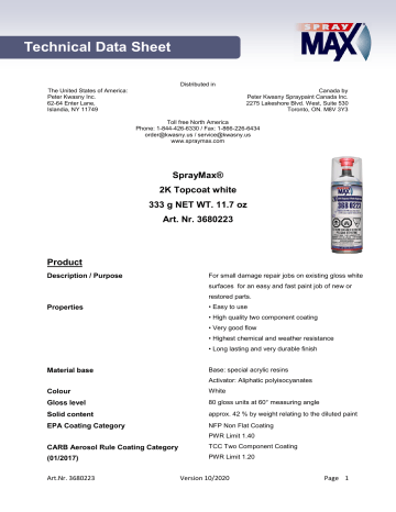 SprayMax 2K Topcoat White Technical information sheet | Manualzz