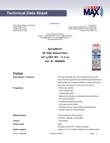 SprayMax 2K High Speed Clear Technical information sheet | Manualzz