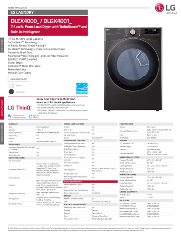 LG DLGX4001B 27 Inch Gas Smart Dryer Spec Sheet | Manualzz