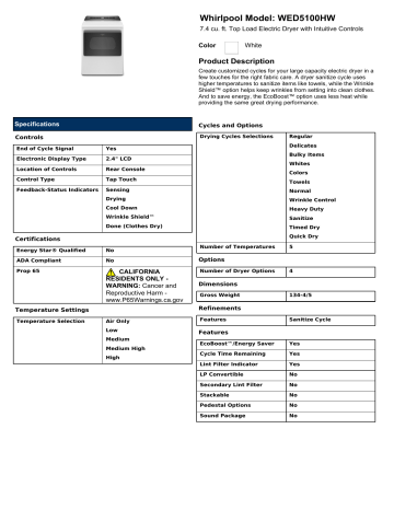 Whirlpool WED5100HW 27 Inch Electric Dryer Spec Sheet | Manualzz