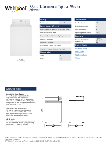 Whirlpool CAE2795FQ 27 Inch Top Load Washer Spec Sheet | Manualzz