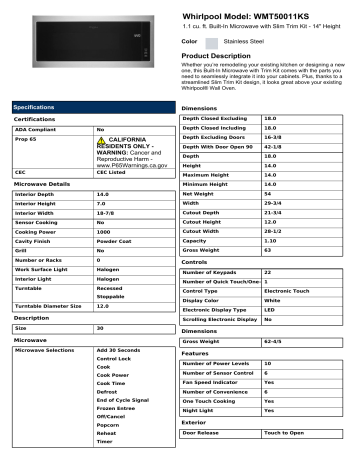 Whirlpool WMT50011KS 30 Inch Built-In 1000W Microwave Spec Sheet | Manualzz