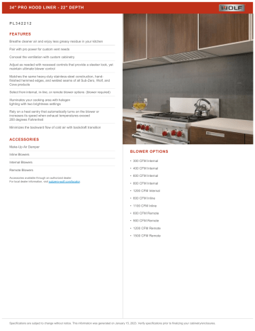 Wolf PL342212 Wall Mount Hood Liner Spec Sheet | Manualzz