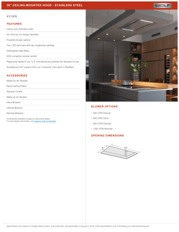 Wolf VC36S 36 Inch Ceiling Mount Hood Spec Sheet | Manualzz