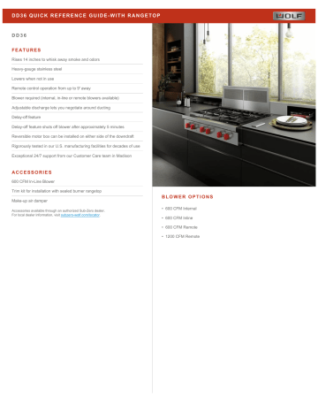 Wolf DD36 36 Inch Downdraft Ventilation System Spec Sheet | Manualzz