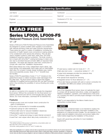Watts LF009, LF009-FS Specification Sheet | Manualzz