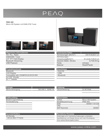 PEAQ PMS400 Hi-fi system Bedienungsanleitung | Manualzz