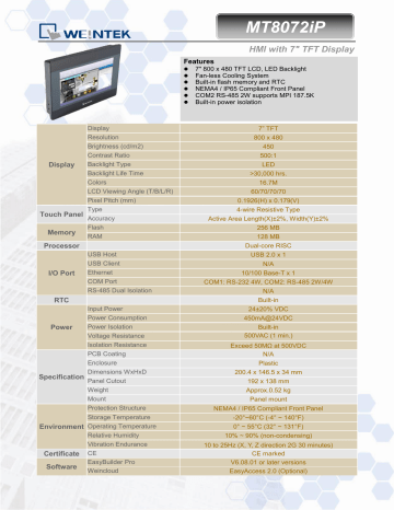 Weintek MT8072iP Data Sheet | Manualzz