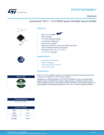 STMicroelectronics STPST15H100SB-Y Datasheet | Manualzz