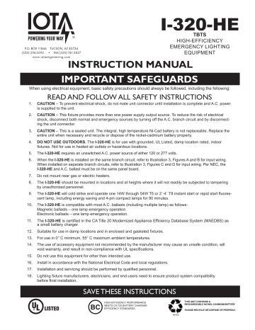 IOTA I320 HE Emergency Ballast Installation Instructions | Manualzz