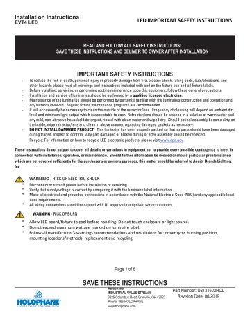 Holophane EVT4 LED Linear Installation Instructions | Manualzz