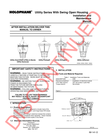 Holophane GranVille Operating And Maintenance Instructions | Manualzz