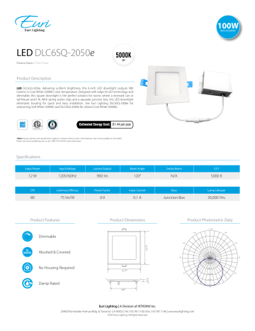Euri Lighting DLC6SQ-2050e LED Downlight Specification Sheet | Manualzz