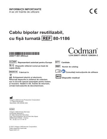 Integra Codman® Reusable Bipolar Cord, Unitized Plug 'Ref. 80-1186 ...