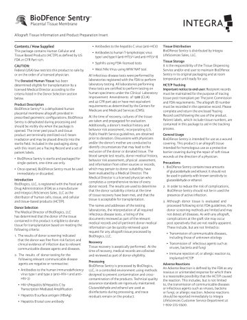 Integra BioDFence® Sentry™ Placental Tissue Membrane Instructions for ...
