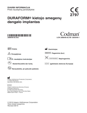 Integra DURAFORM™ Dural Graft Implant Valdymo instrukcijos | Manualzz