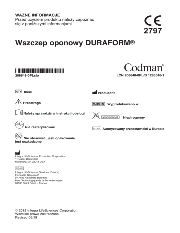 Integra DURAFORM™ Dural Graft Implant Instrukcja obsługi | Manualzz