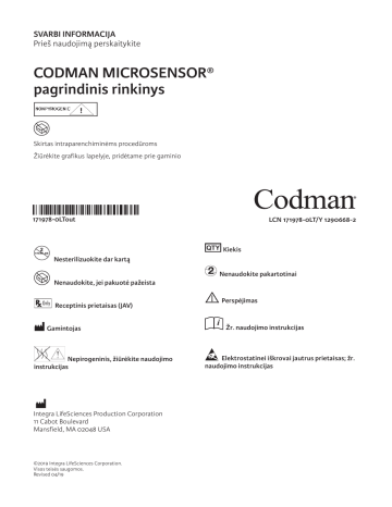Integra CODMAN MICROSENSOR® Basic Kit Valdymo instrukcijos | Manualzz