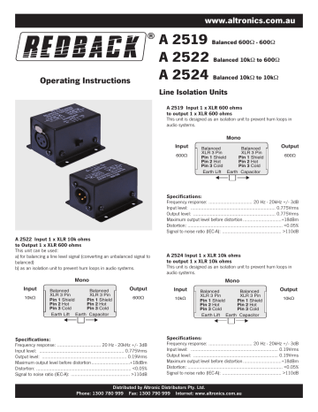 Redback A2524 Line Isolation Transformer 10k ohms to 10k ohms XLR Instructions | Manualzz