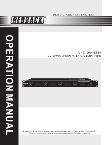 Redback A4310 4 x 120W Class D Public Address Amplifier Instructions ...