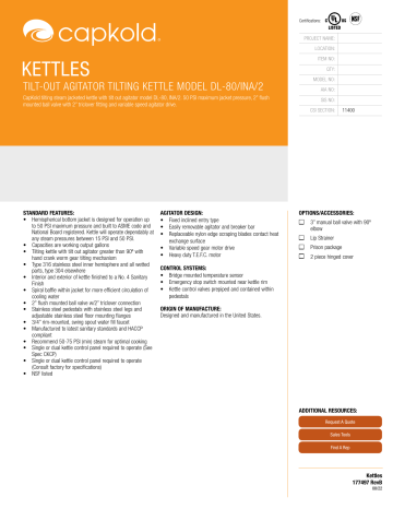 Capkold DL-80/INA/2, Tilt-Out Agitator Tilting Kettle Spec Sheet | Manualzz