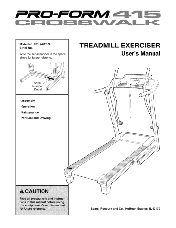 Proform 831247239 415 Crosswalk Treadmill Owner's Manual | Manualzz