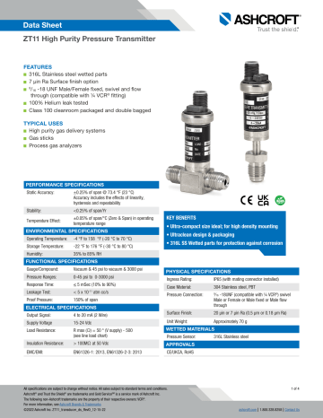 Ashcroft ZT11 High Purity Pressure Transmitter Datasheet | Manualzz