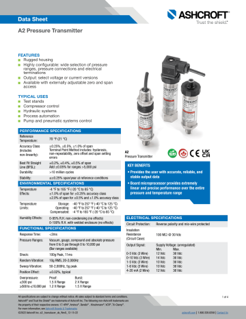 Ashcroft A2 Industrial Pressure Transducer Datasheet | Manualzz