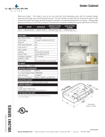 Venmar VBLDN1 Range Hood Specification Sheet | Manualzz