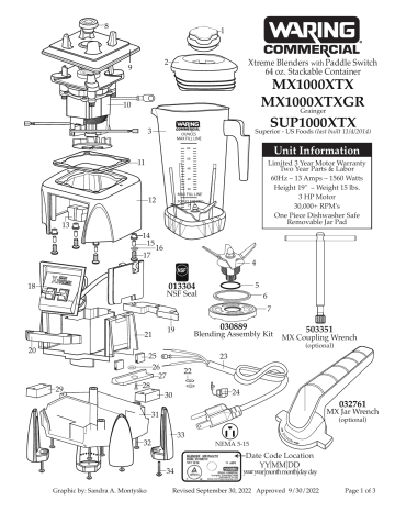 Waring MX1000XTX Hi-Power Blender Parts Diagram | Manualzz