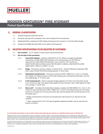Mueller Modern Centurion® Fire Hydrant Specifications | Manualzz